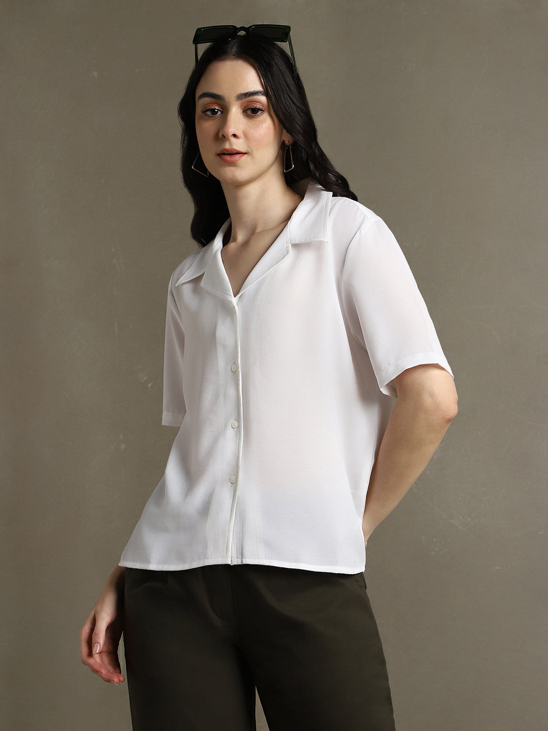 White Half Collar Shirt Men Cotton Blend Chinese Collar Half Sleeve