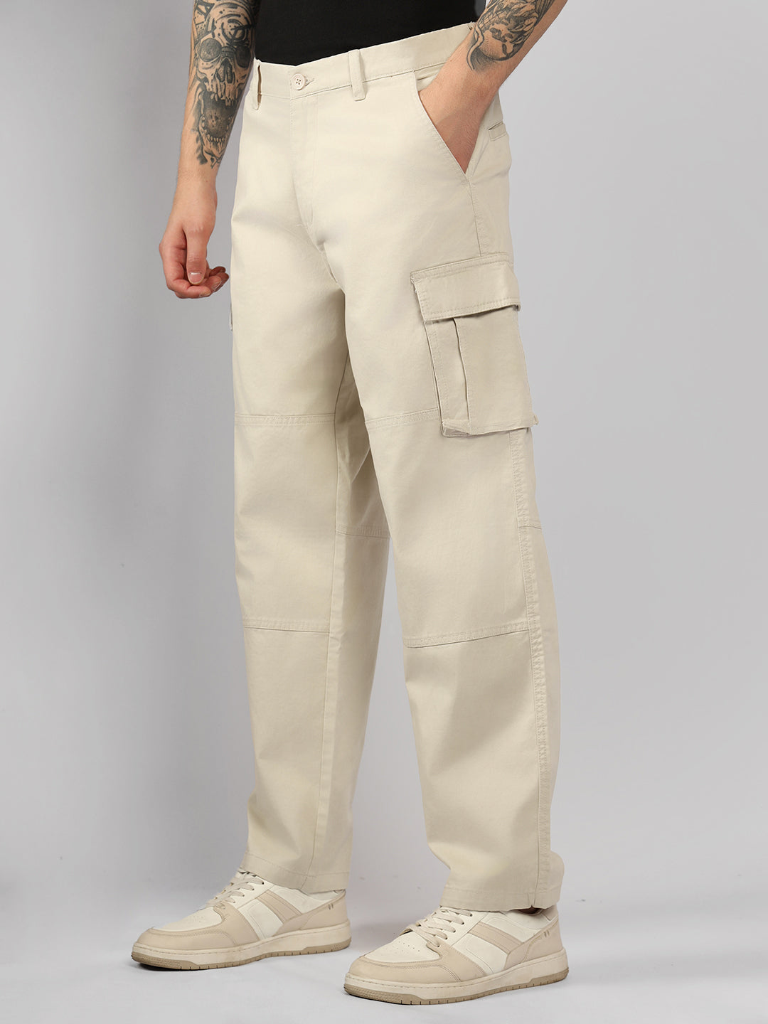 Men's Beige Solid Relaxed Fit Cargos – DENNIS LINGO